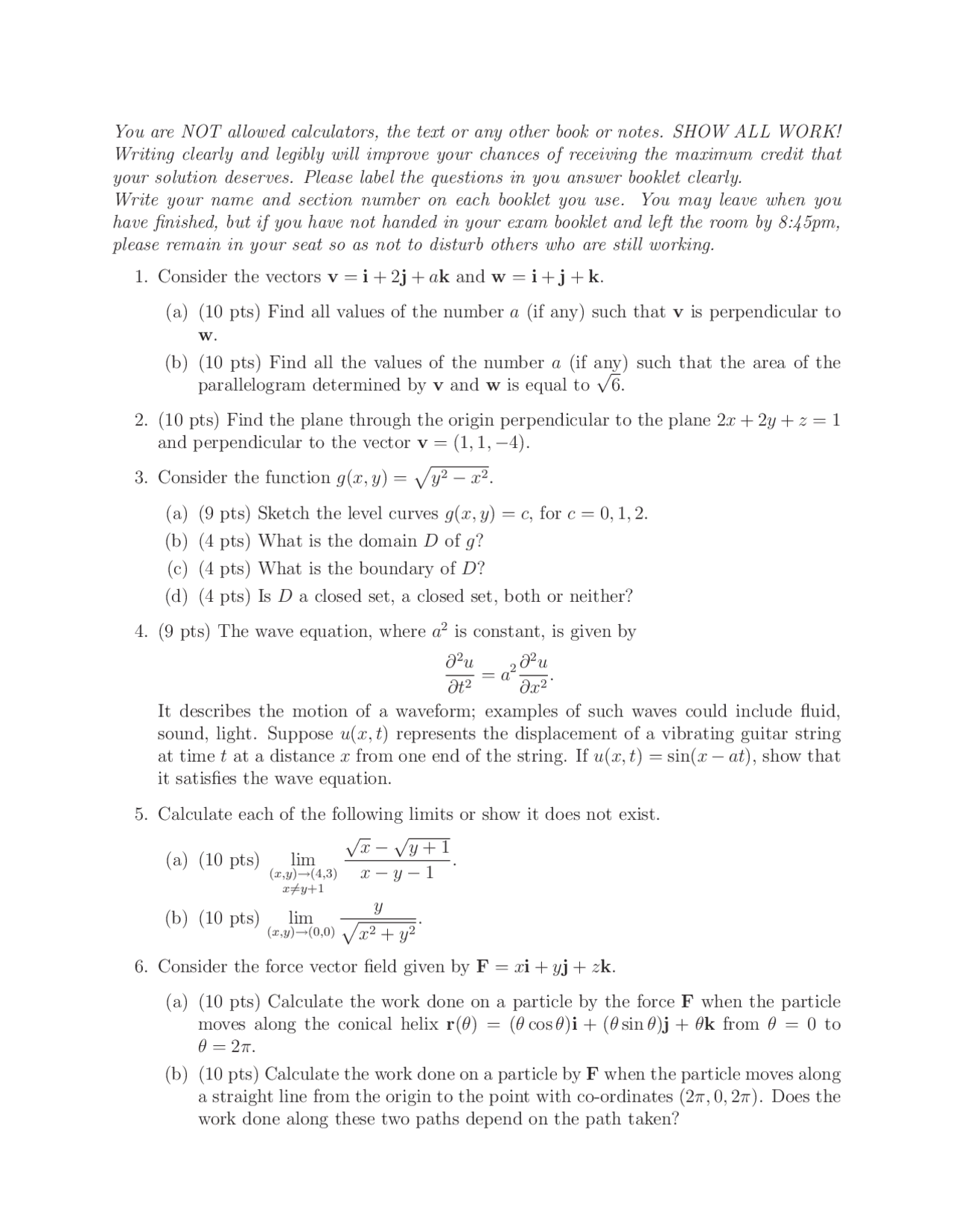 Exam 1 Multivariable Calculus Engineering Math 1920 Docsity