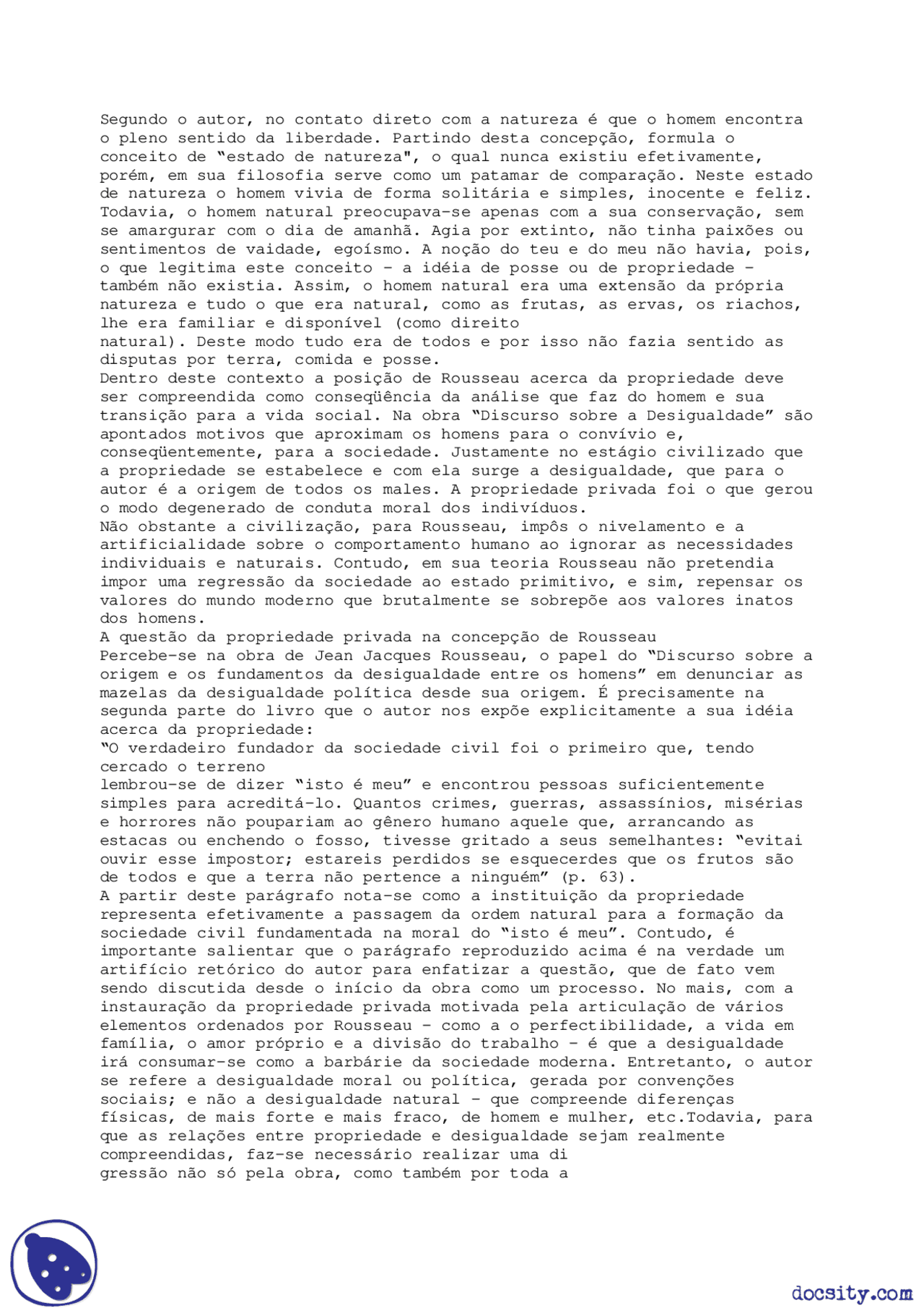 Rousseau e o estado de naturaleza - Docsity