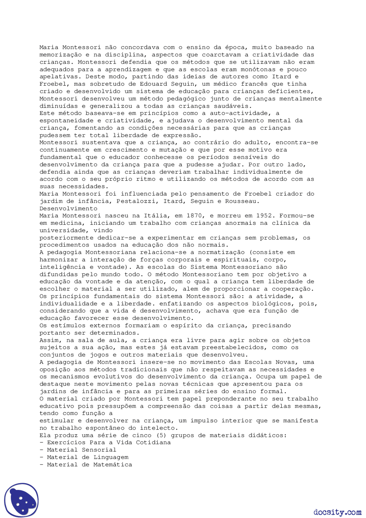 Maria Montessori Docsity