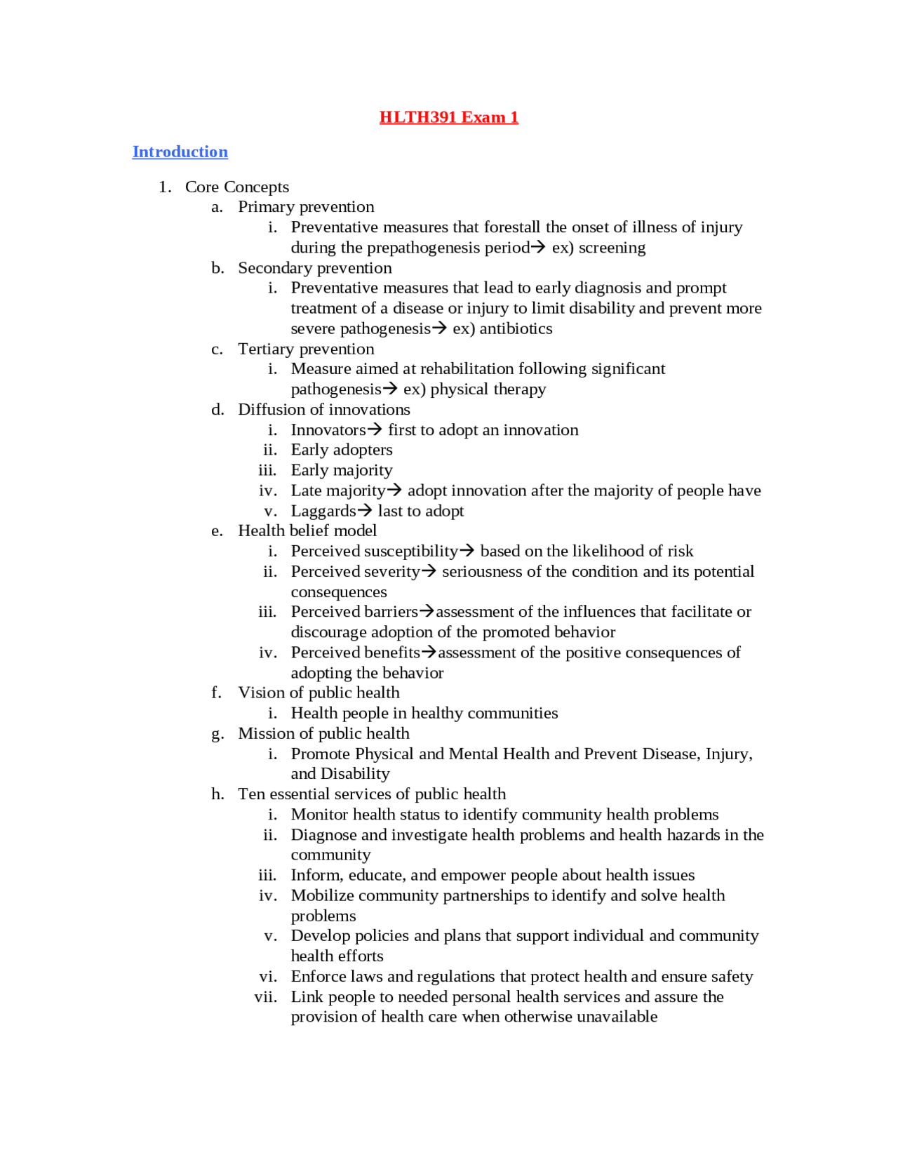 Introduction to Core Concepts - Exam 1 | HLTH 391 - Docsity