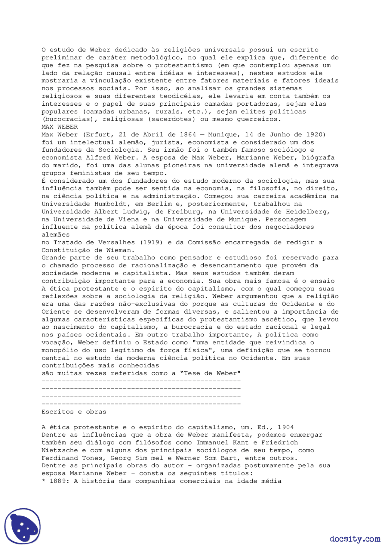 A Sociologia De Max Weber Docsity