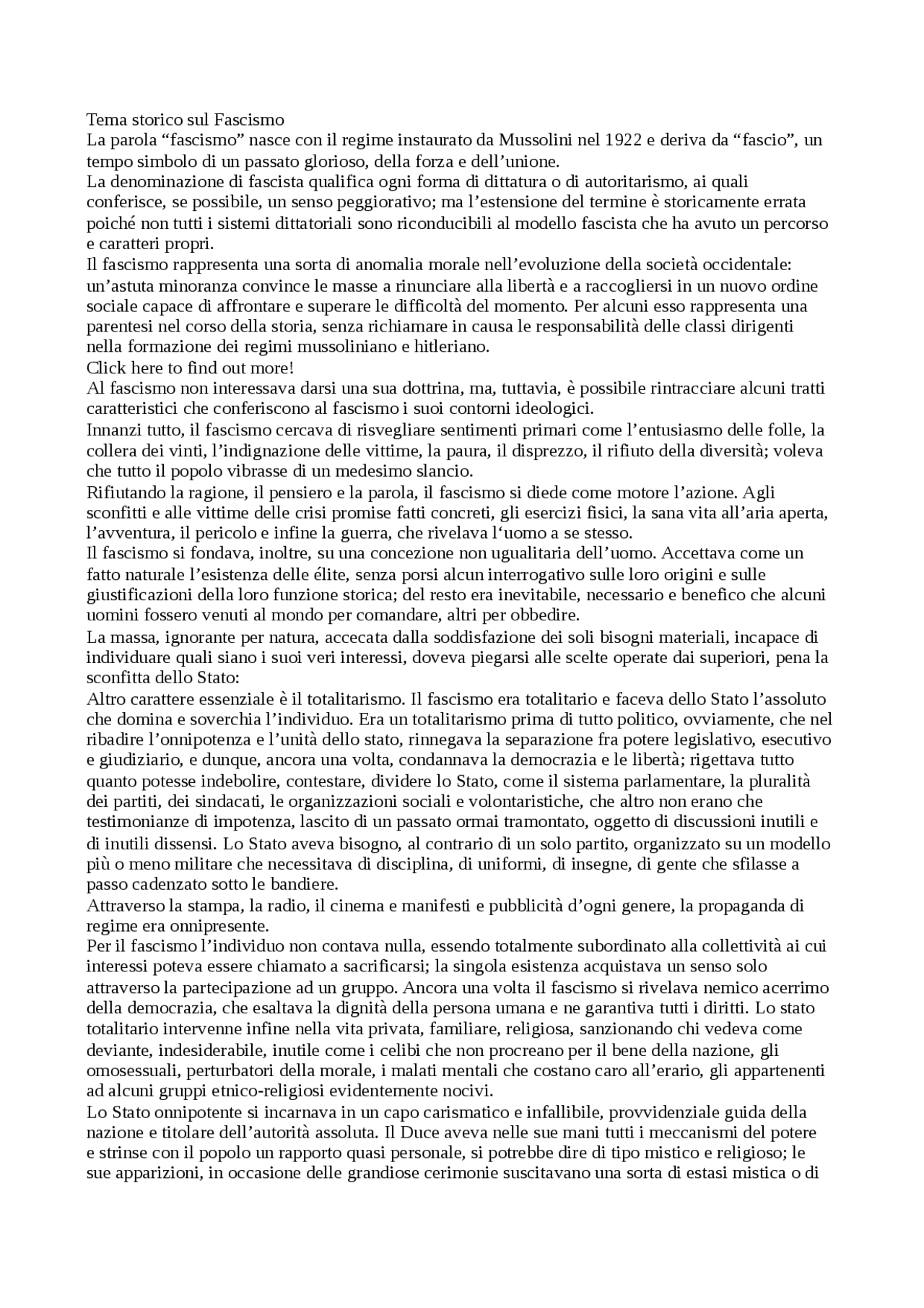 Tema storico sul Fascismo - Docsity