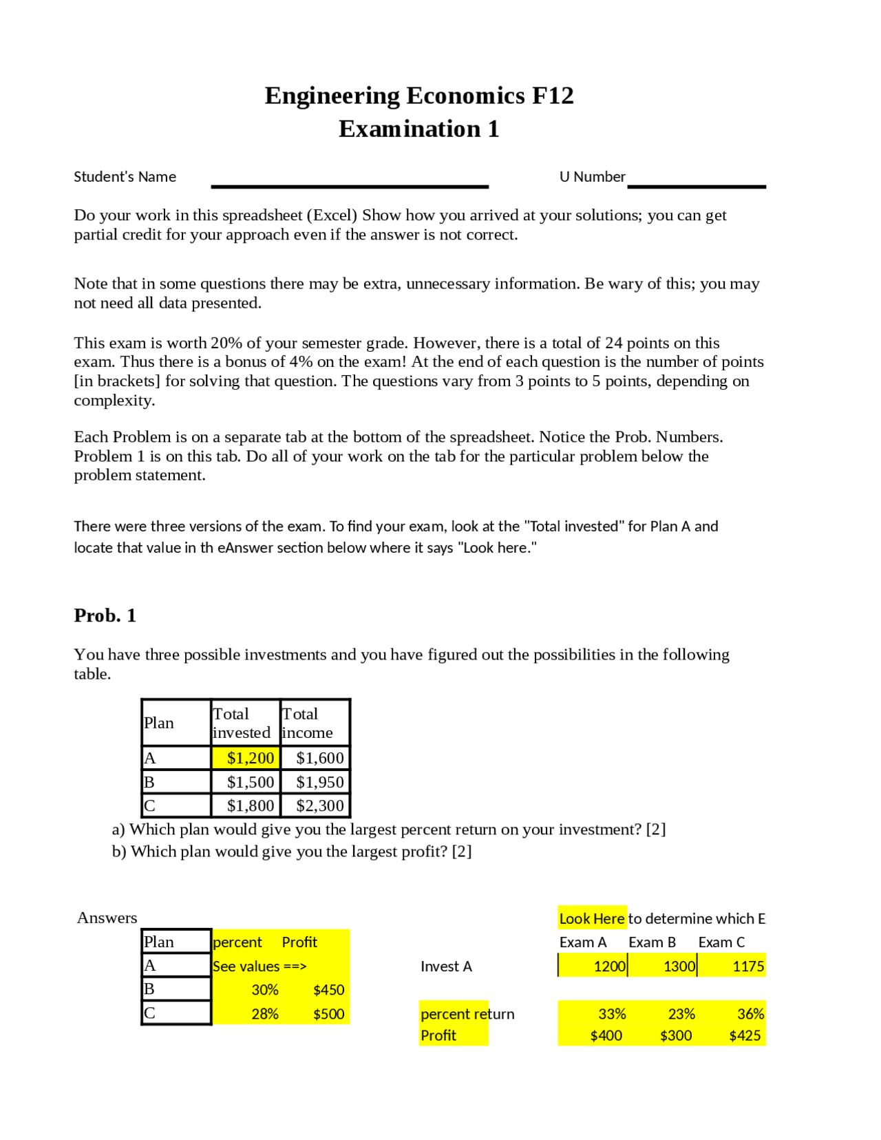 Examination Problems - Engineering Economics | EGN 3615 - Docsity