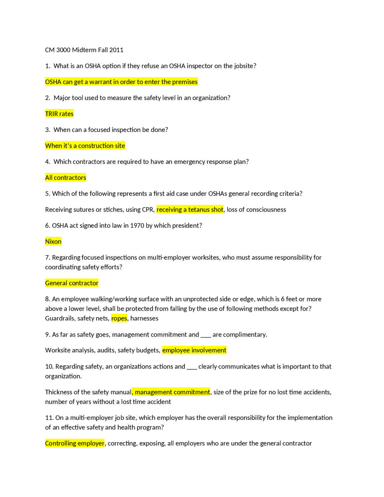 Practice Midterm Exam Fall 2011 Construction Safety Cm 3000 Docsity