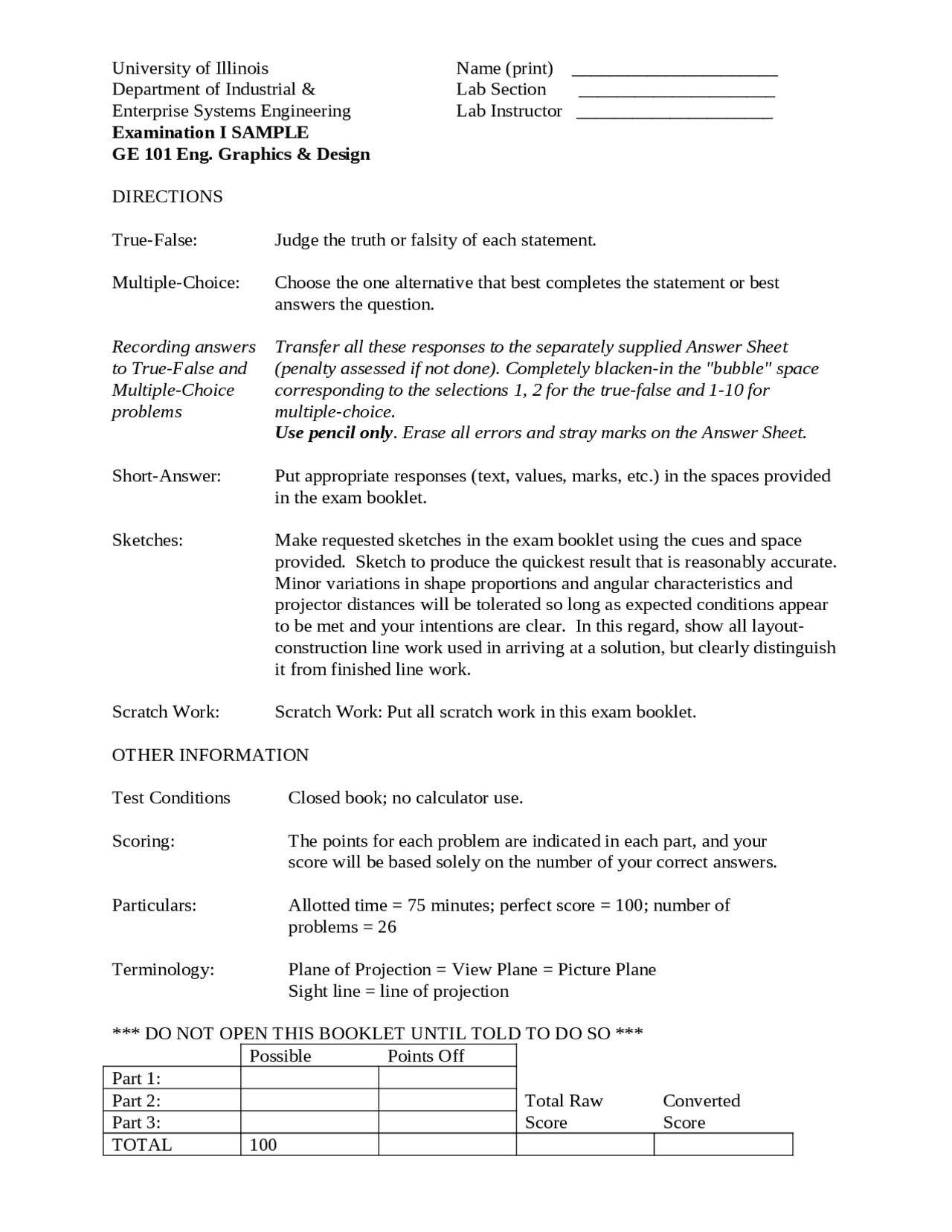 Engineering Graphics And Design Exam 1 Sample Ge 101 Docsity