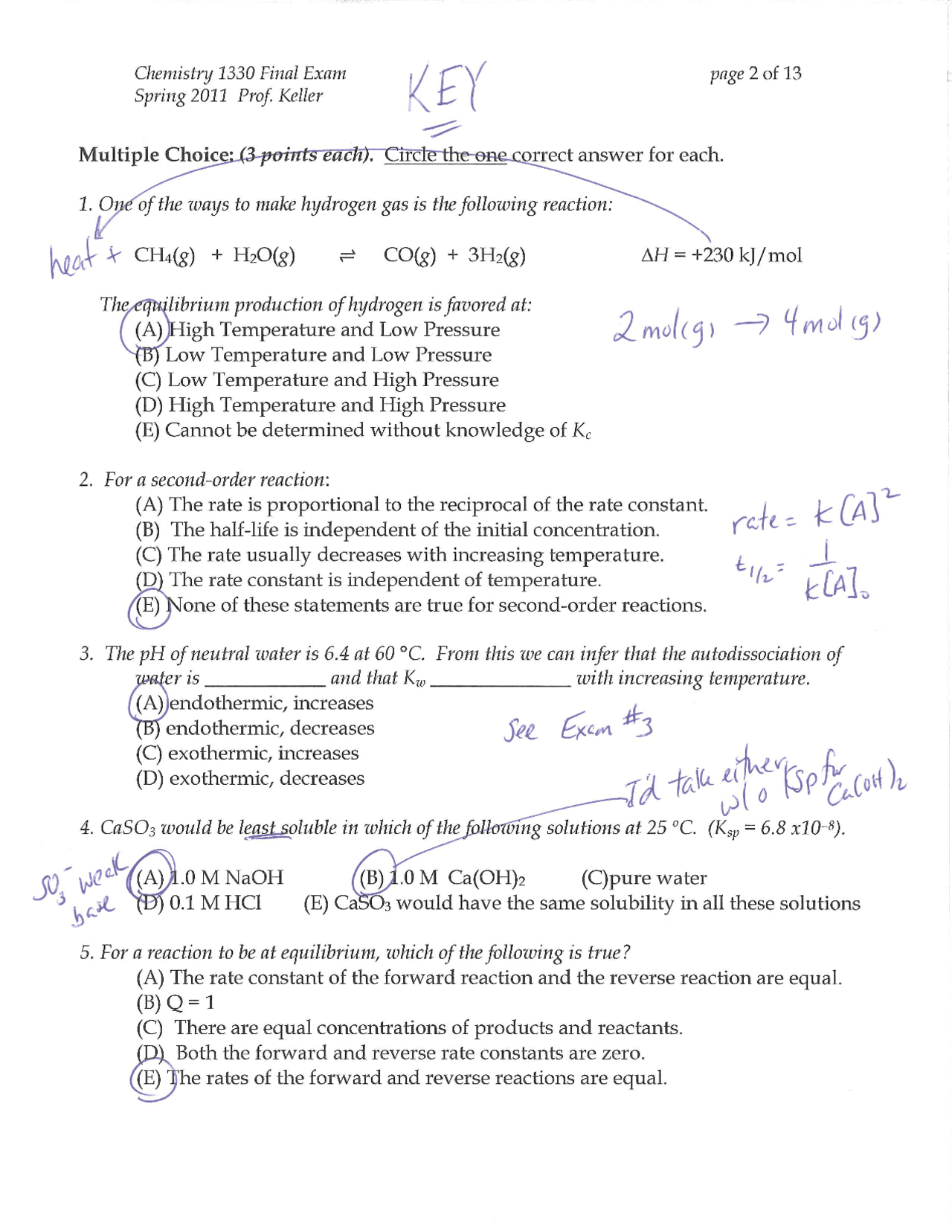 Final Exam Answers - General Chemistry III with Lab | CHEM 1330 - Docsity