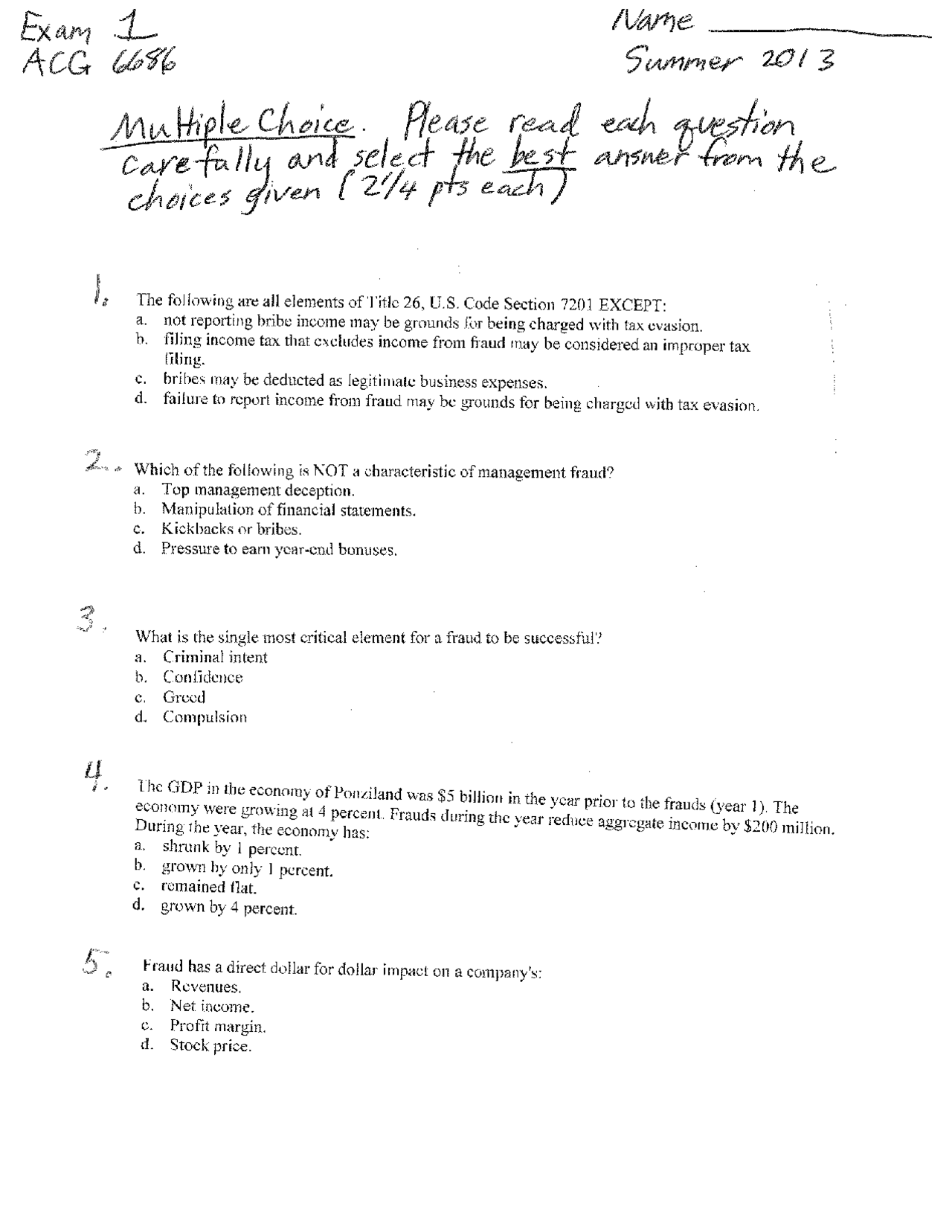 Exam 1 for Accounting Fraud Examination Concepts | ACG 6686 - Docsity