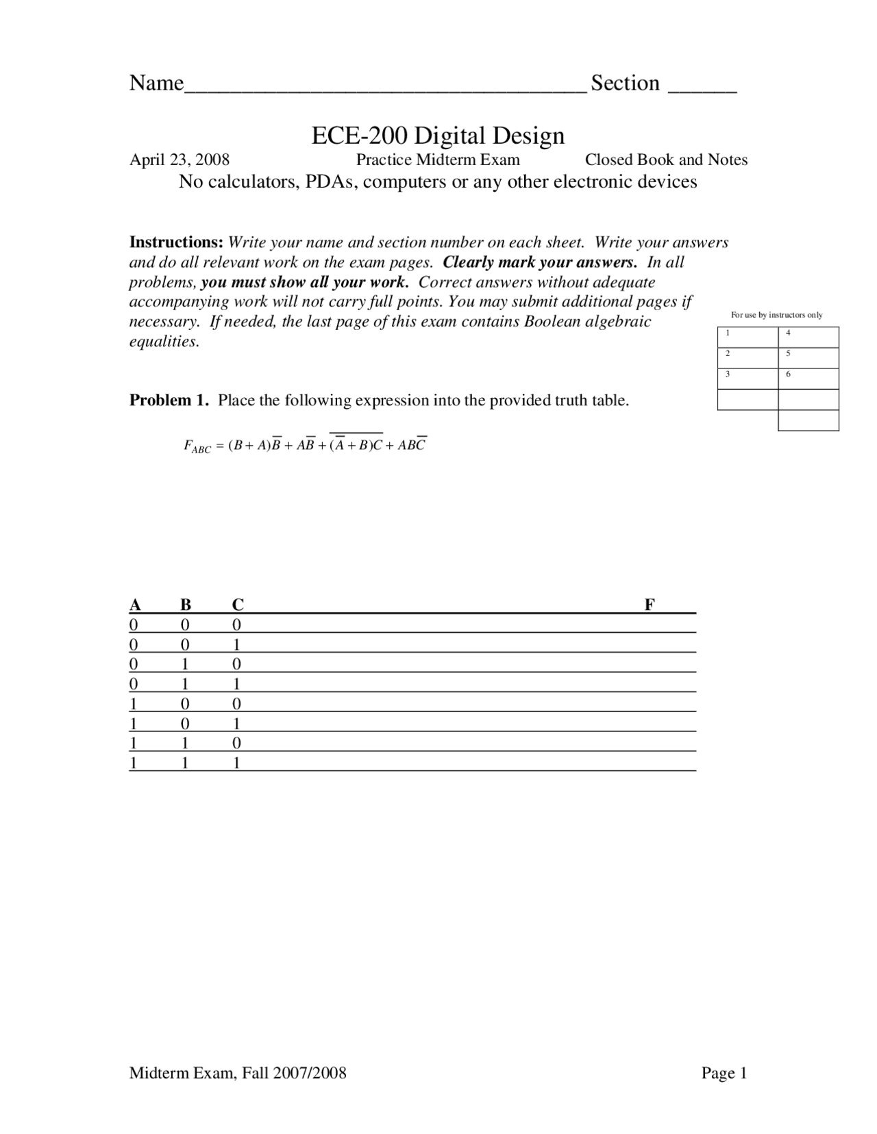Digital Logic Design - Practice Midterm Exam Problems | ECE 200 | Exams ...