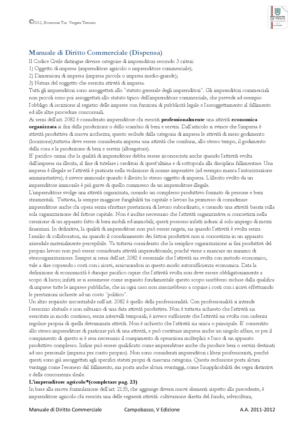 Riassunto Esame Di Diritto Commerciale Manuale Campobasso Docsity