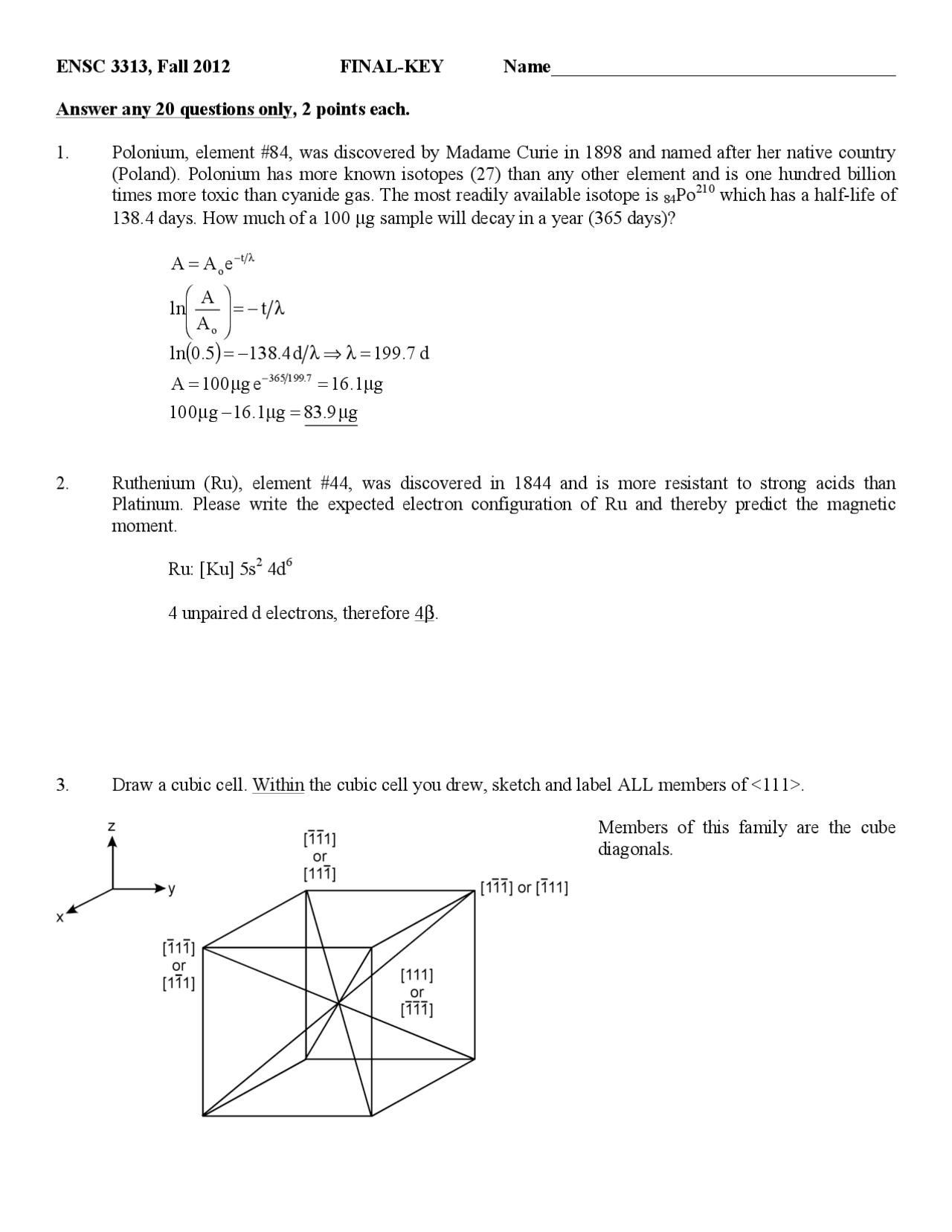 20 Solved Questions On Material Science Final Exam Ensc 3313 Docsity