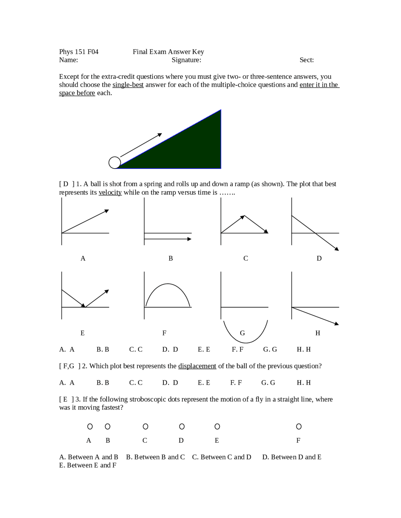 Final Exam With Answer Key Applied Physics Phys 151 Exams Physics