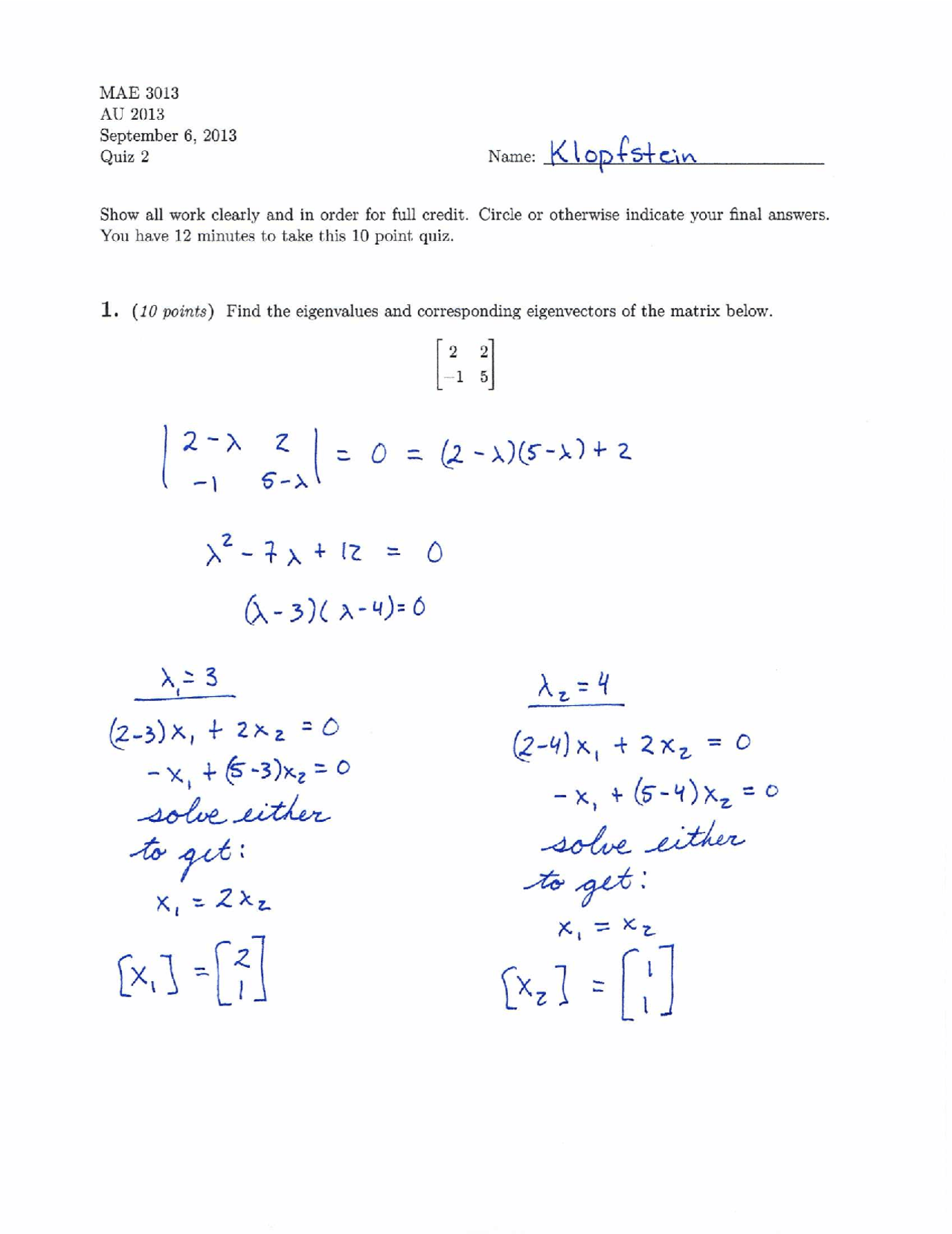 Solved Problem On Eigenvalues And Eigenvectors Of Matrix Quiz 2 Mae