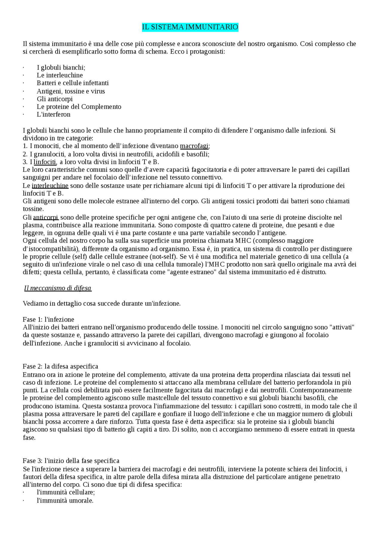 Il Sistema Immunitario Docsity