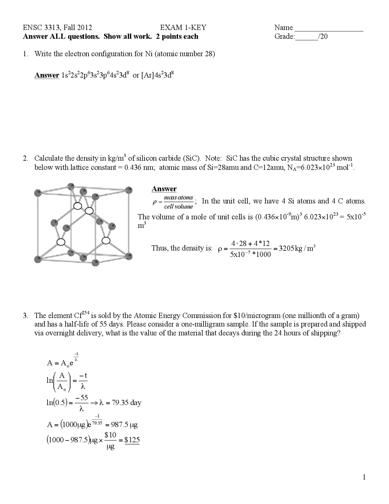 Exam 1 For Configuration With Answer Materials Science Ensc 3313