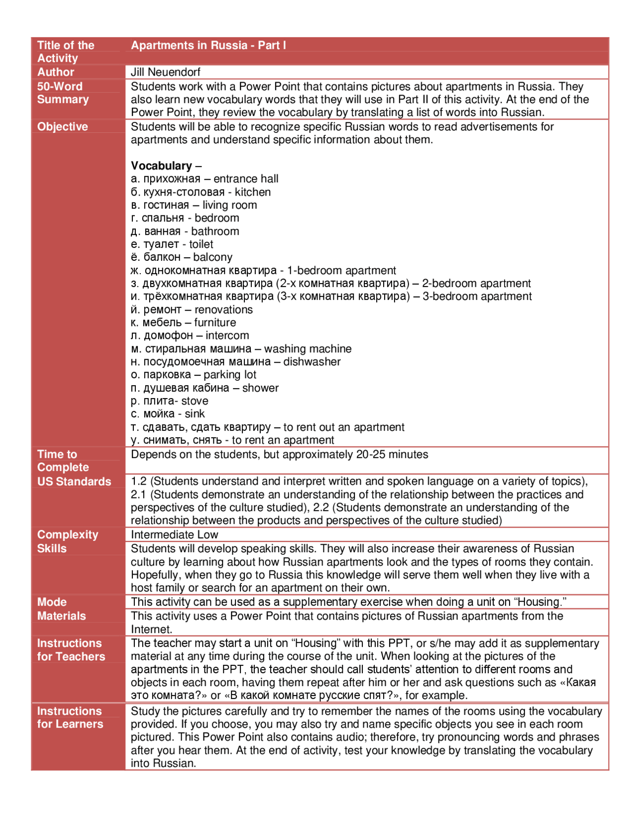 Apartments in Russia - Russian Learning Objects - Lecture Handout - Docsity