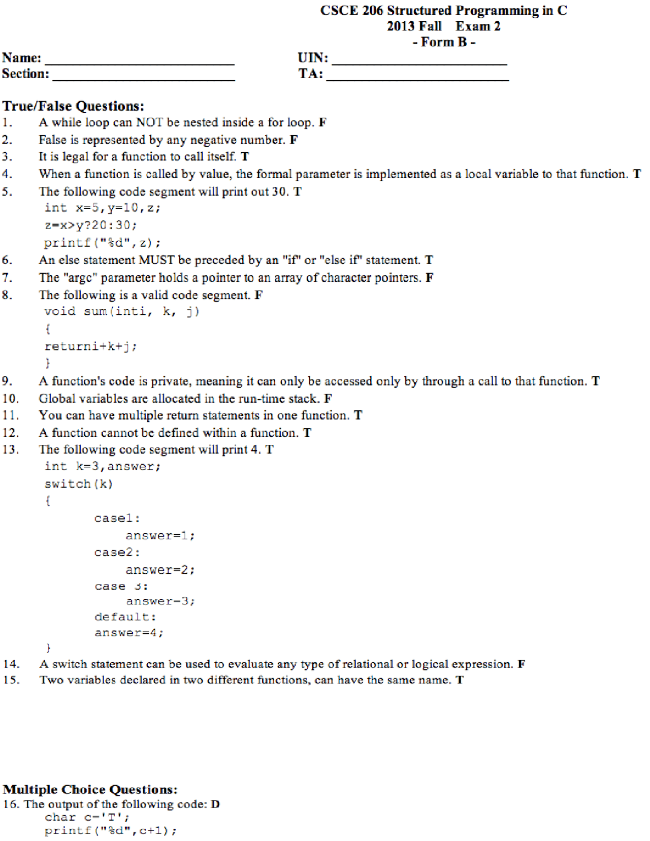 Past Exam 2b With Solution Key Structured Program In C Csce 206