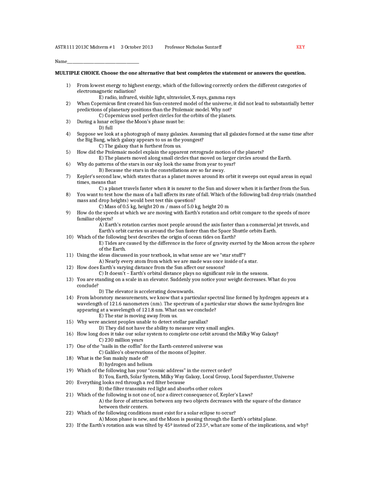 Midterm Exam 1 Questions Hnr Overview Of Modern Astronomy Astr 111