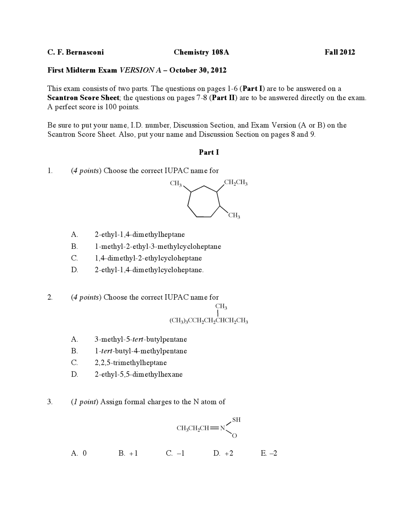 Midterm Exam Version A - Organic Chemistry - Fall 2012 | CHEM 108A ...