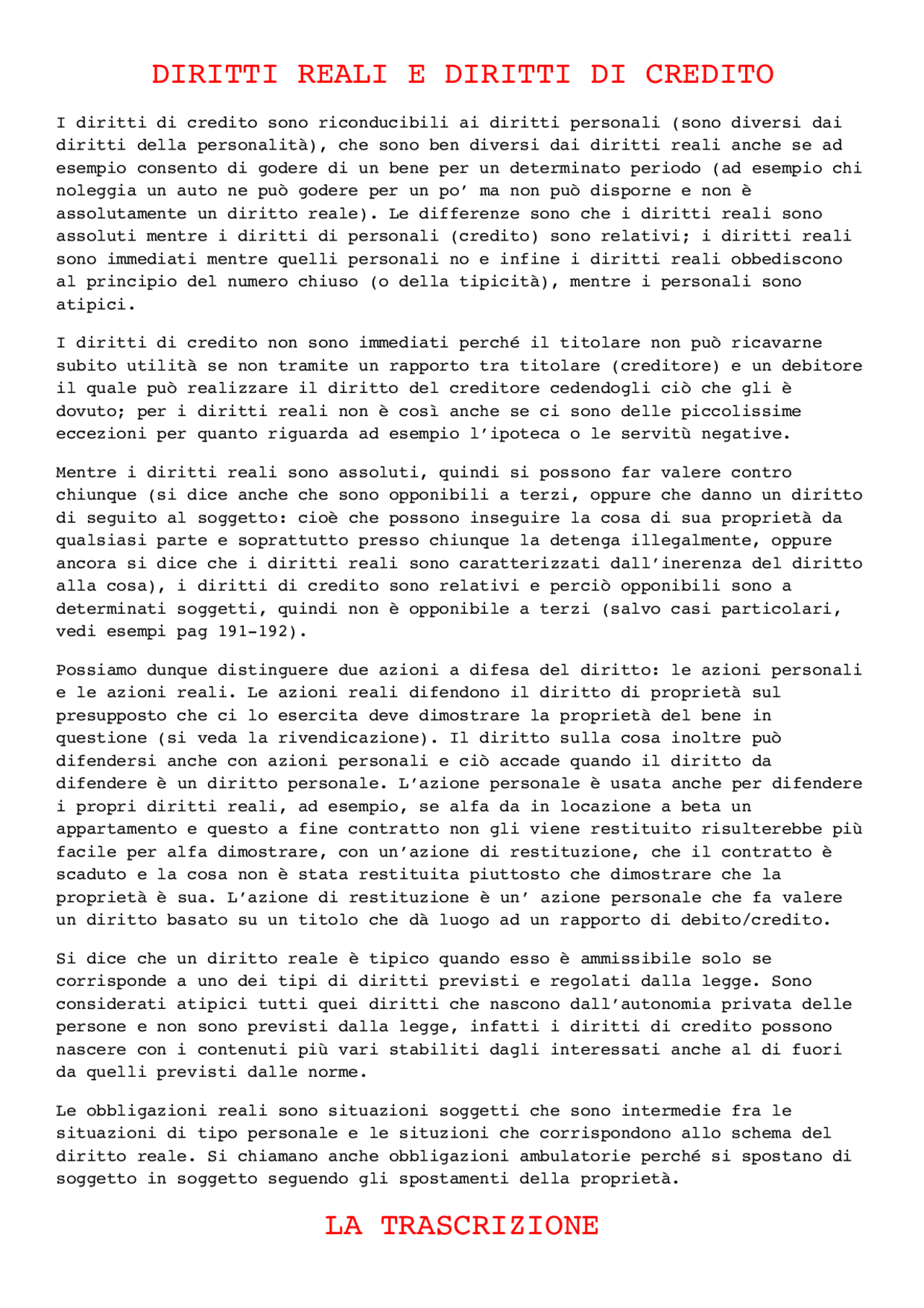 Diritti Reali Diritti Di Credito E La Trascrizione Docsity