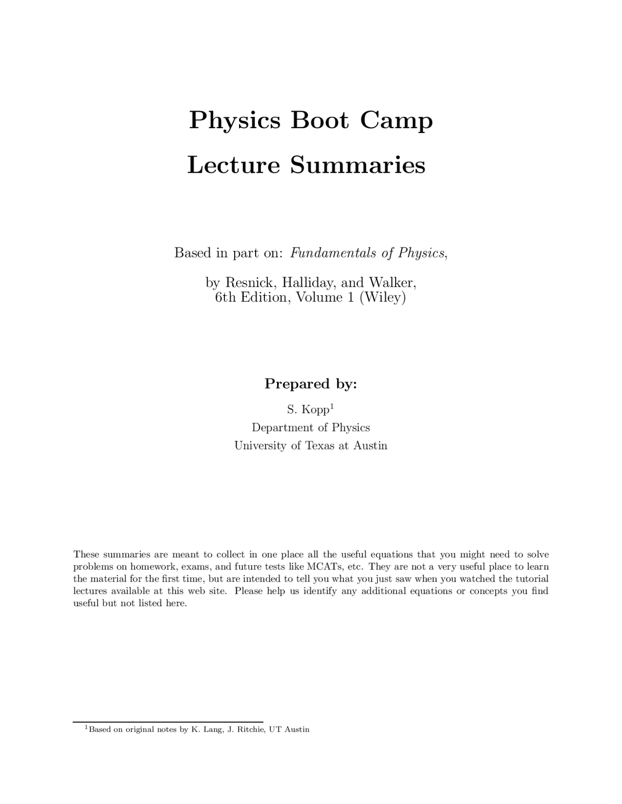 Physics Boot Camp Lecture Summaries Phy 301 Docsity
