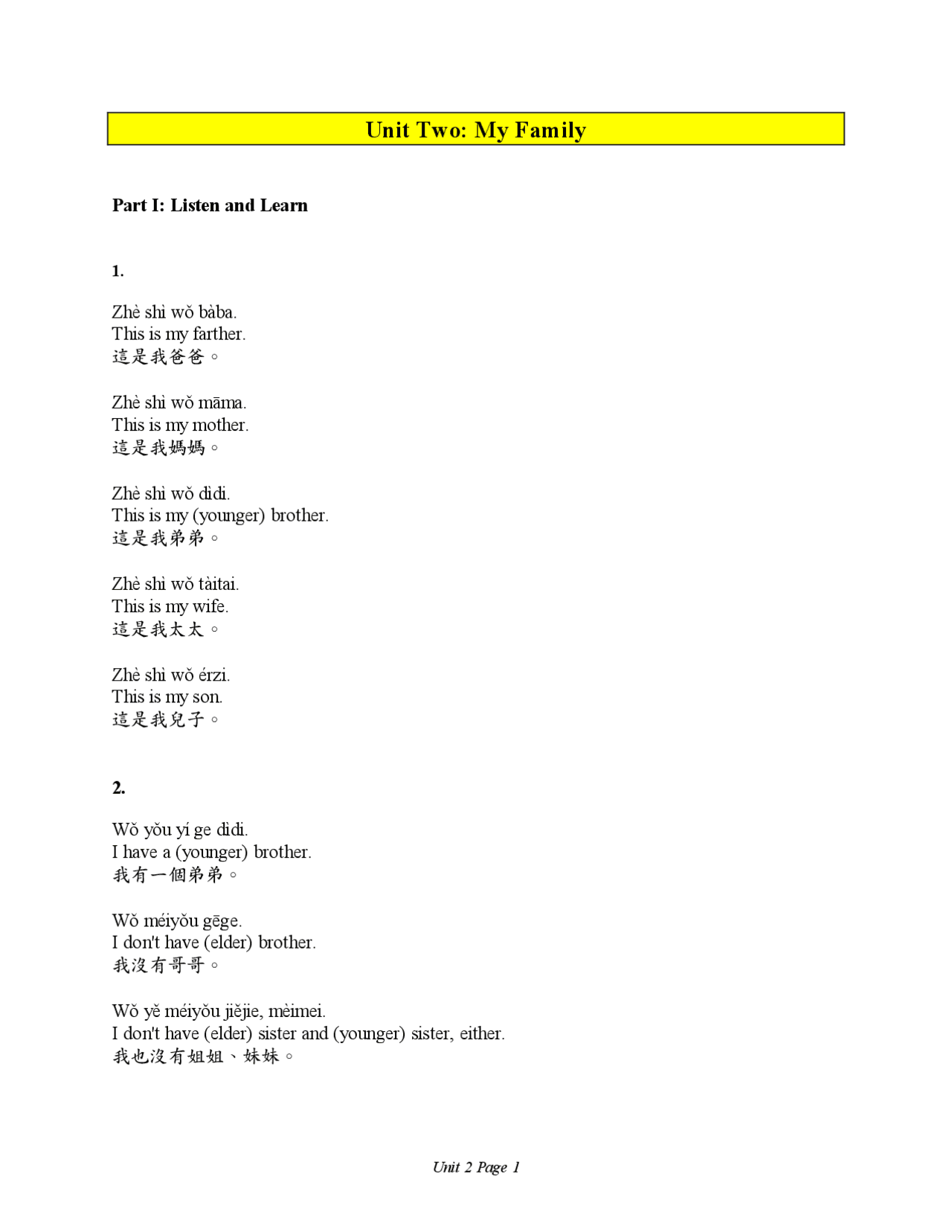 My Family - Conversational Mandarin Chinese - Handout - Docsity