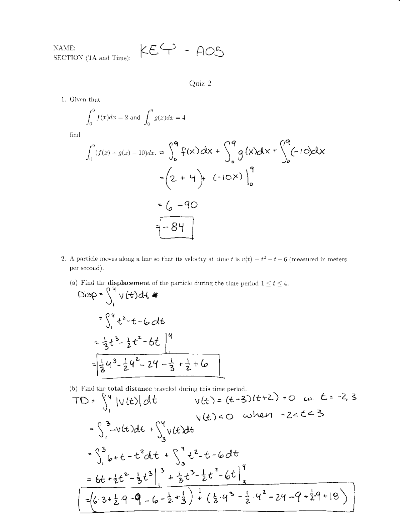 Quiz 2 With Answer Key Calculus Mat 021b Docsity