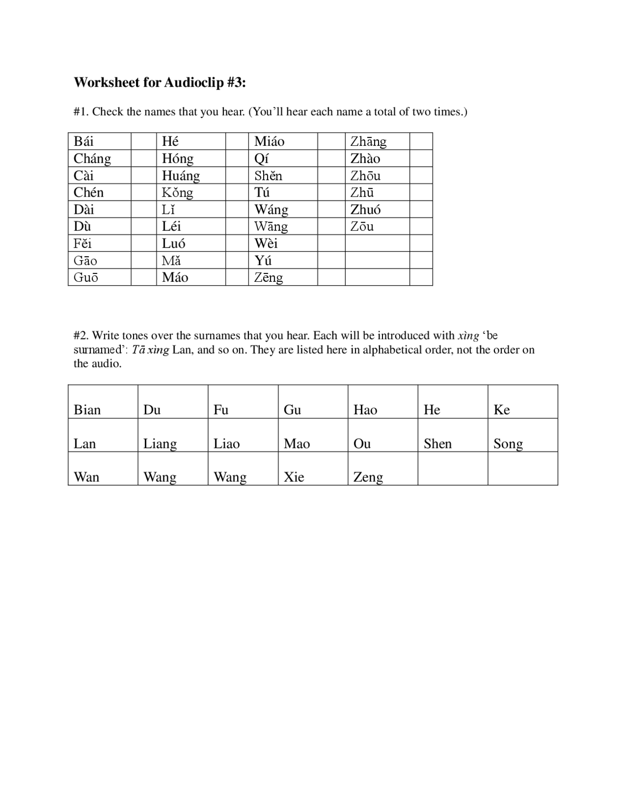 Worksheet For Audioclip Chinese Lecture Notes Docsity