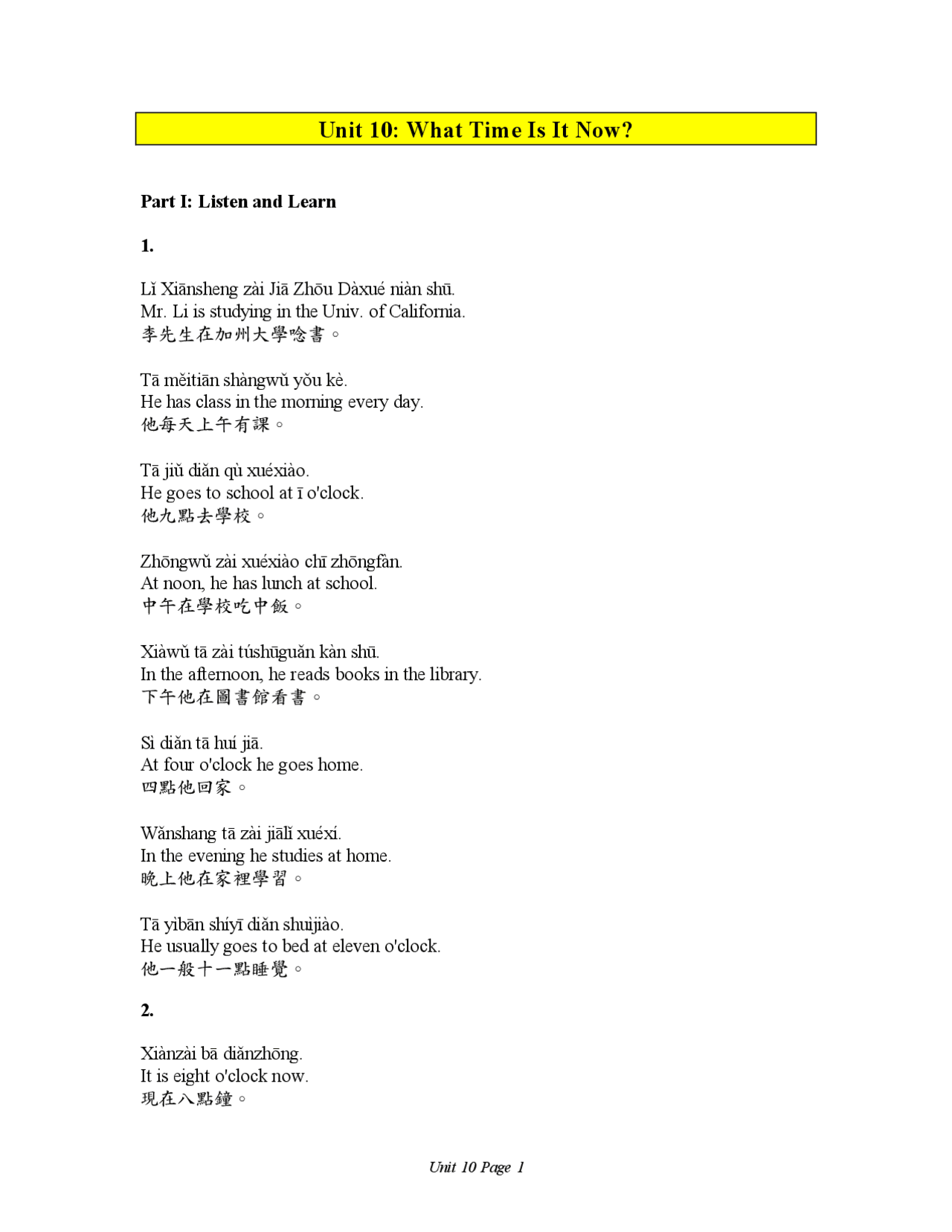 Time - Conversational Mandarin Chinese - Handout - Docsity