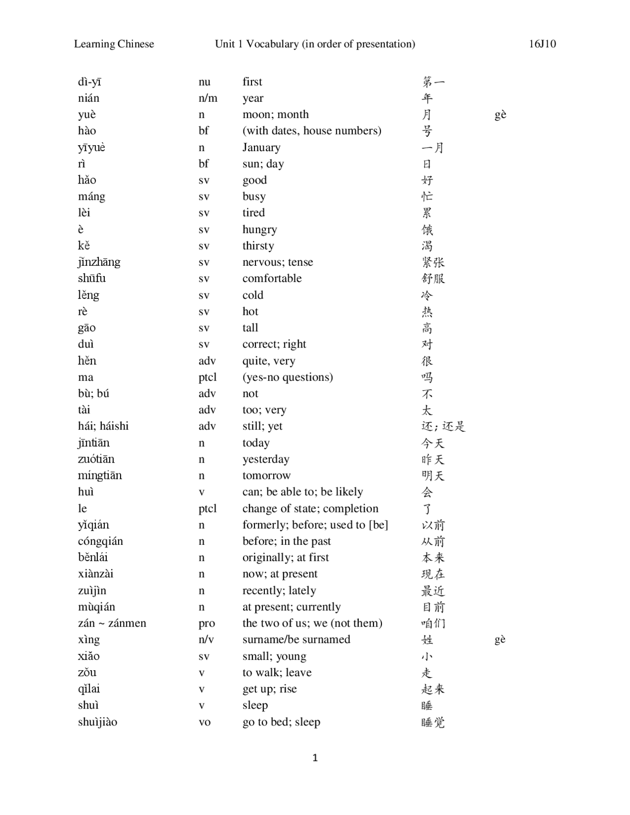 Vocabulary Chinese Lecture Notes Docsity