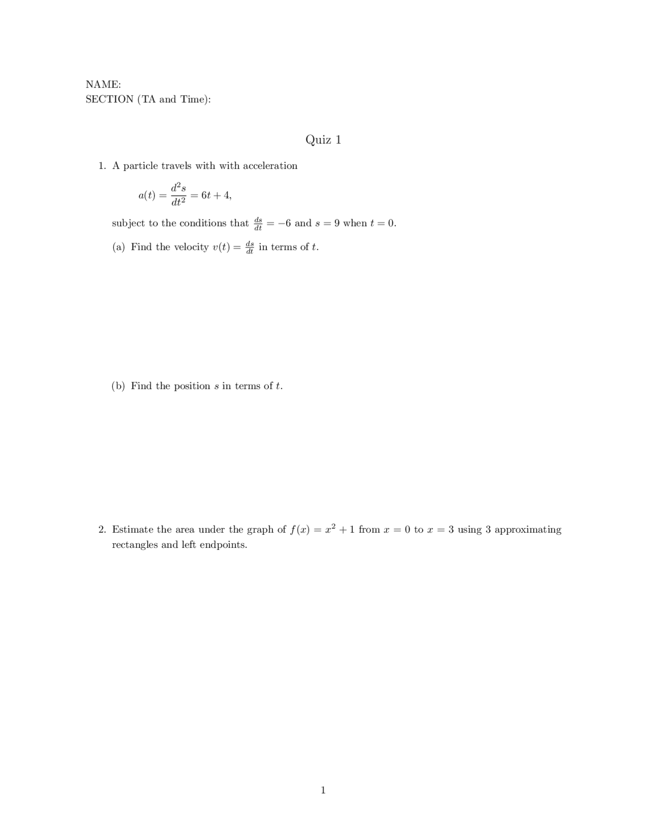 Find The Velocity And Position Of Particle Quiz 1 Mat 021b Docsity