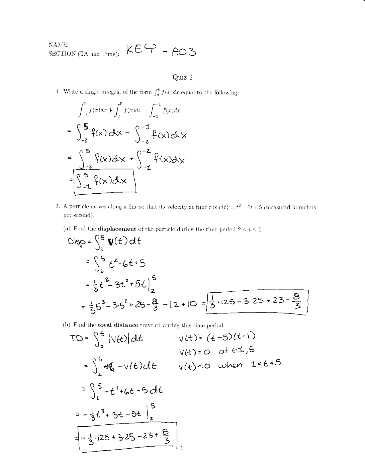 Quiz 2 with Answer Key - Calculus | MAT 021B | Quizzes Calculus | Docsity