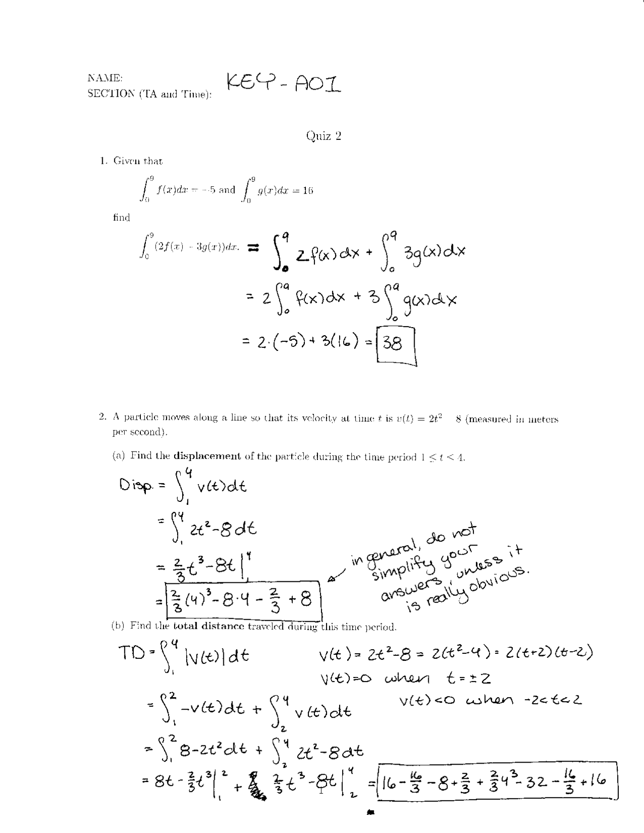 Find The Displacement And Total Distance Of Particle Quiz 2 Solution