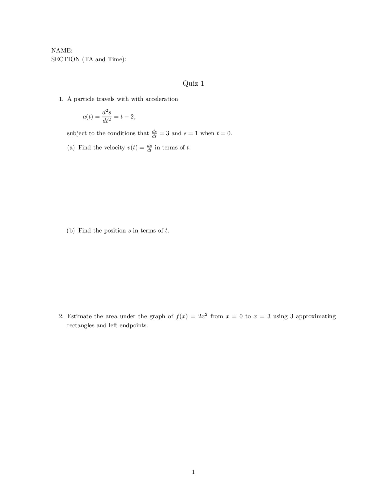 Estimation of Area, Velocity and Position - Quiz 1 | MAT 021B - Docsity