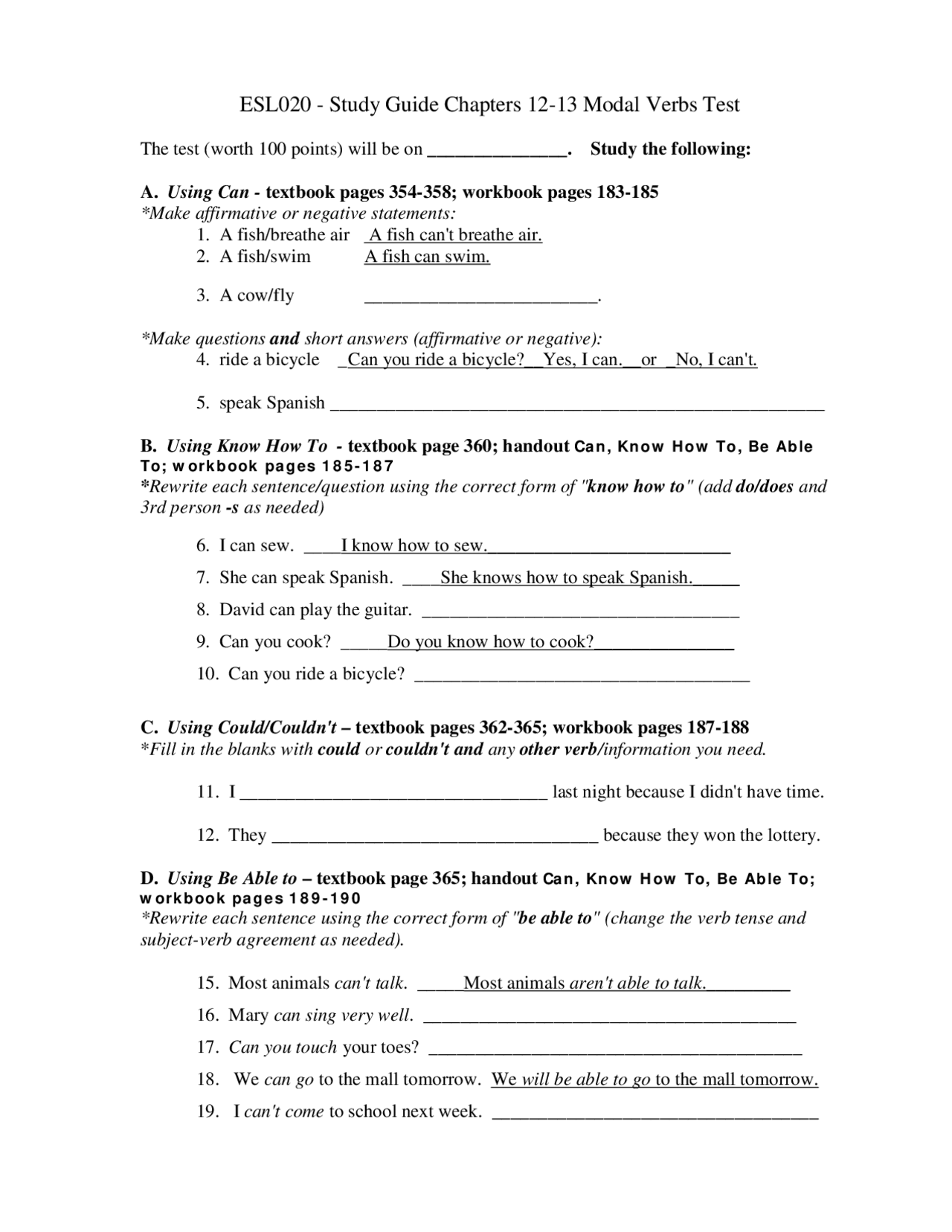 Modal Verbs Test - English Grammar - Handout - Docsity