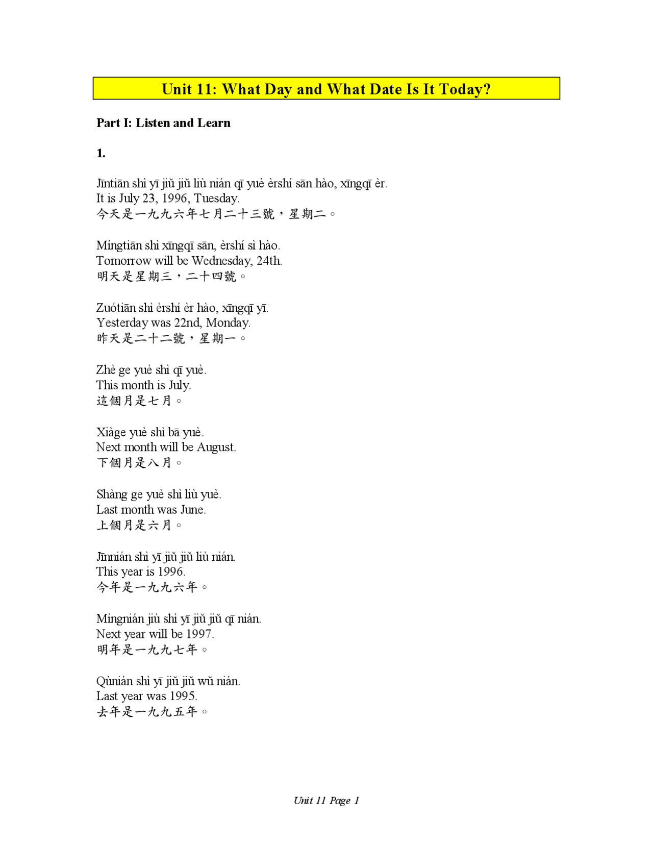 What Day Conversational Mandarin Chinese Handout Docsity