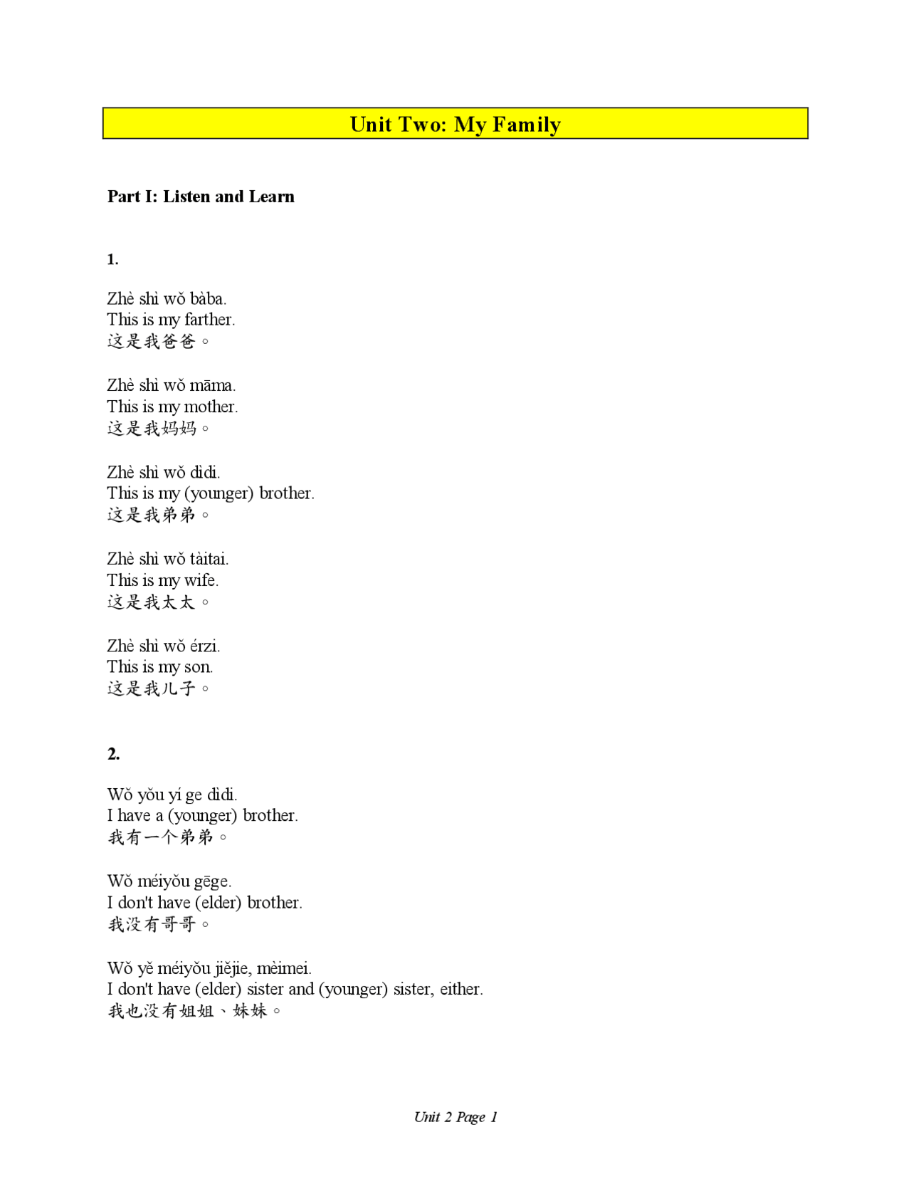 My Family - Conversational Mandarin Chinese - Lecture Notes - Docsity