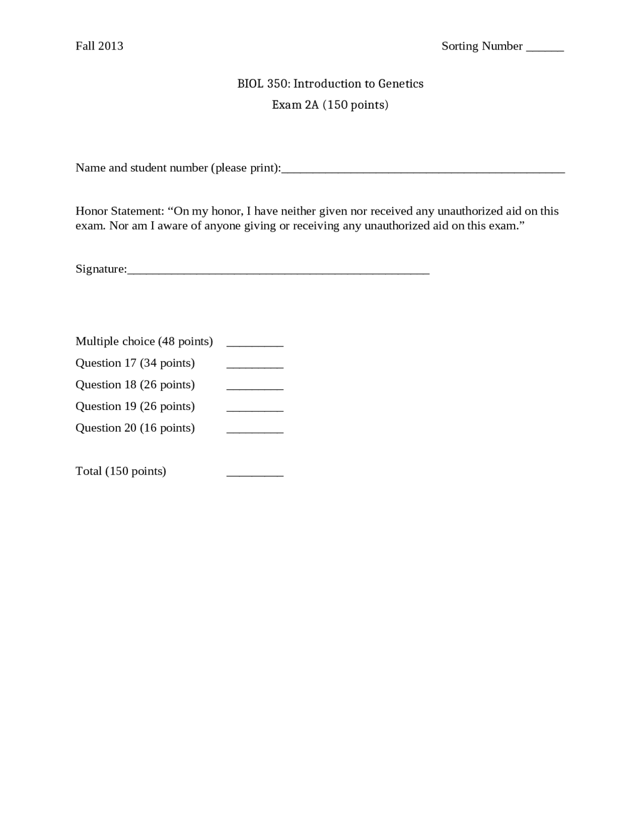 20 Solved Questions Exam 2 Principles Of Genetics Biol 350 Docsity