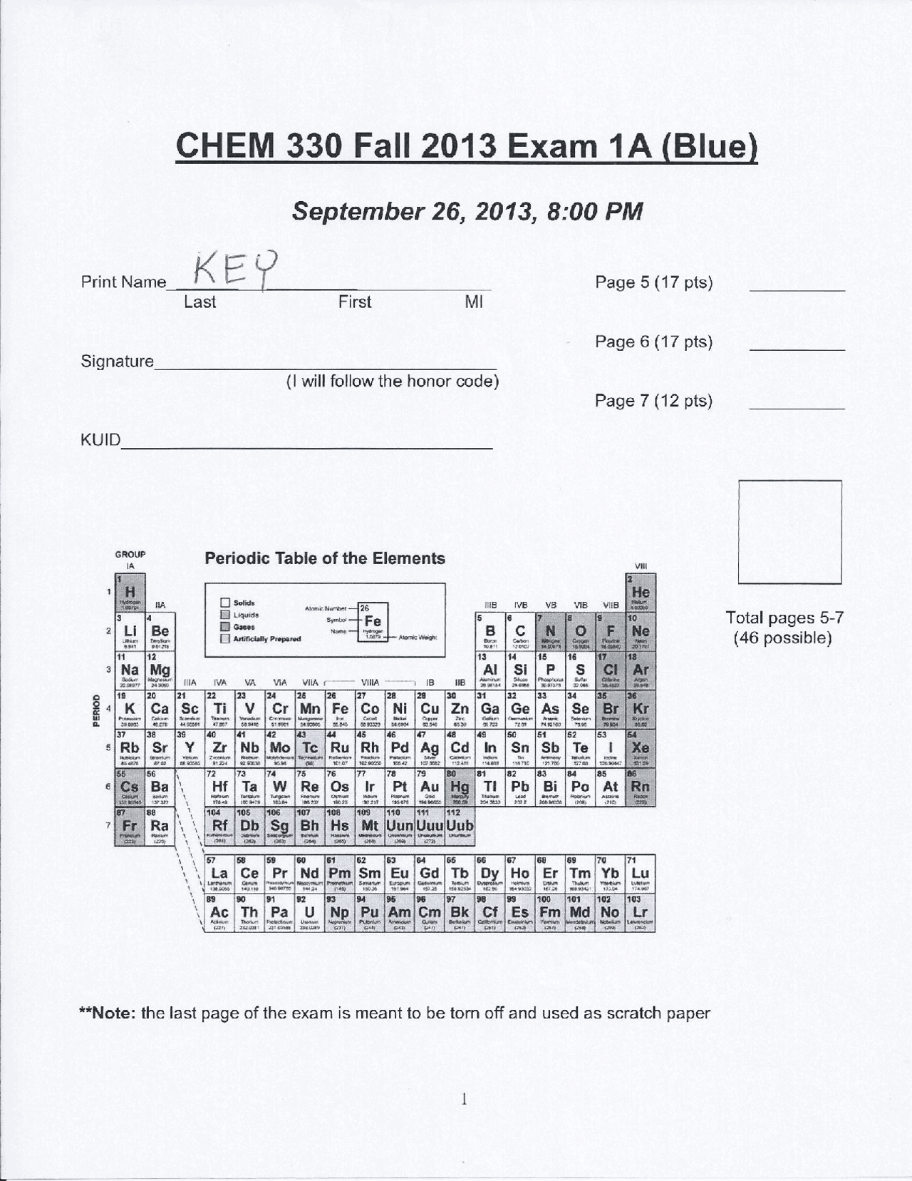 Answers Key For Exam 1 Organic Chemistry I Chem 624 Docsity