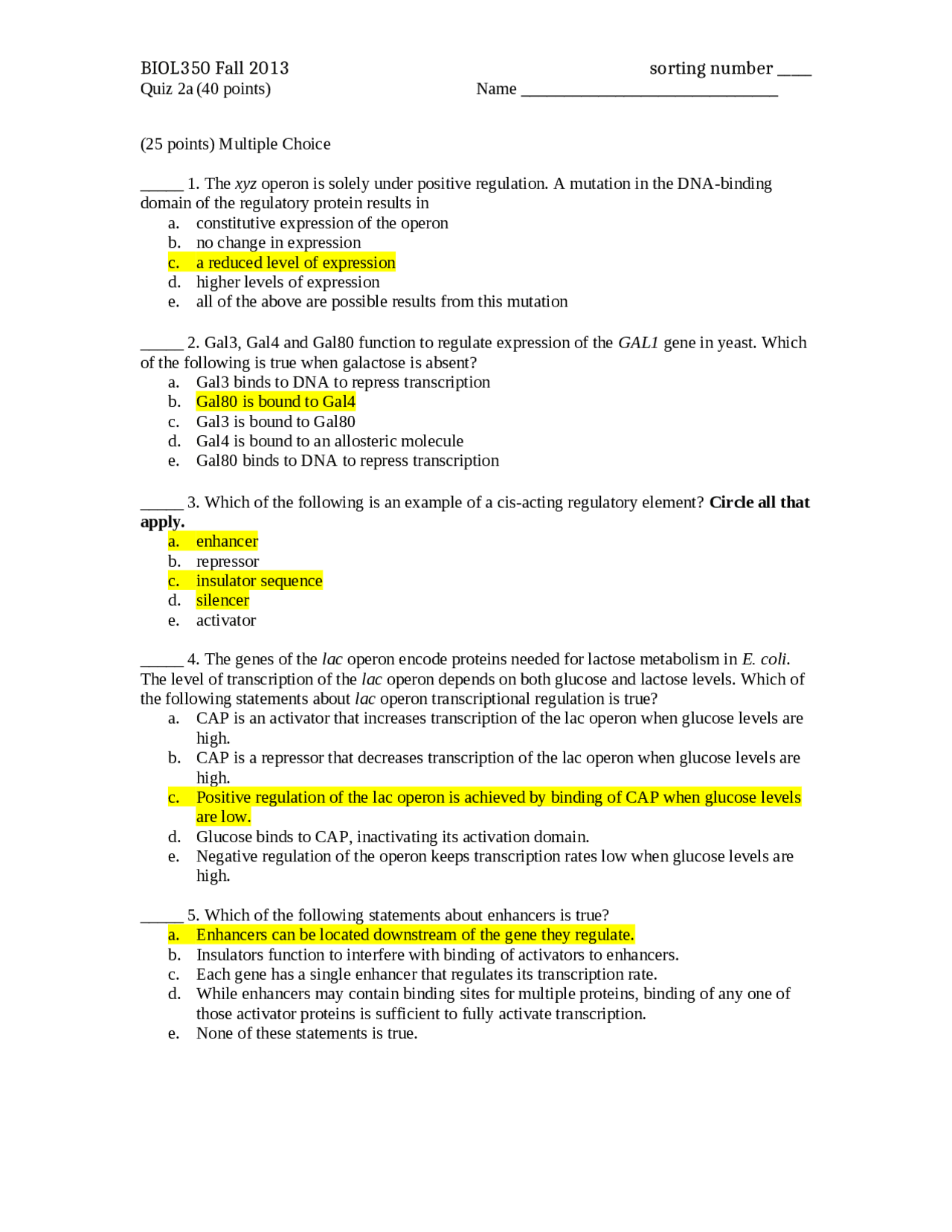 Quiz 2a With Answer Key Principles Of Genetics Biol 350 Docsity