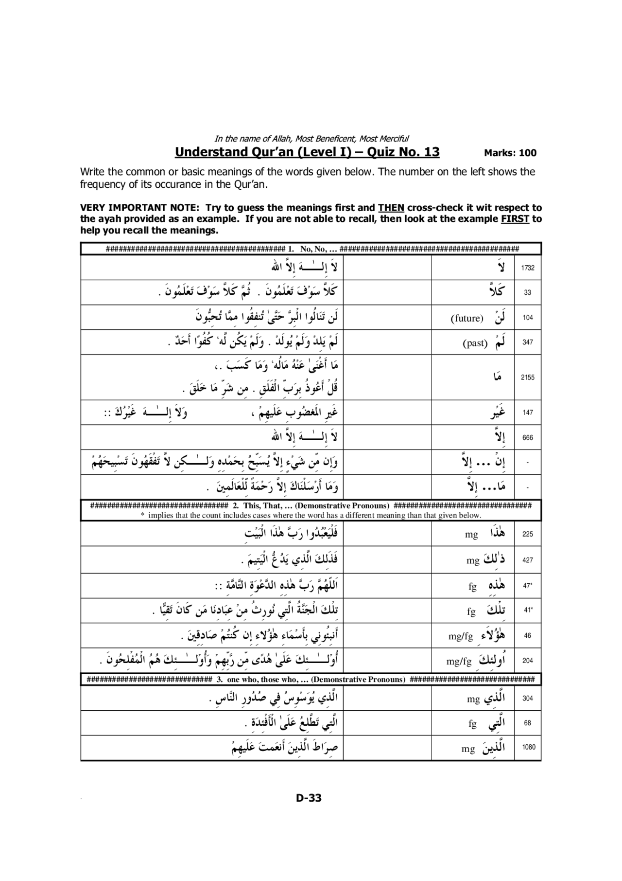 Frequency - Learn Arabic and Quran - Quiz - Docsity
