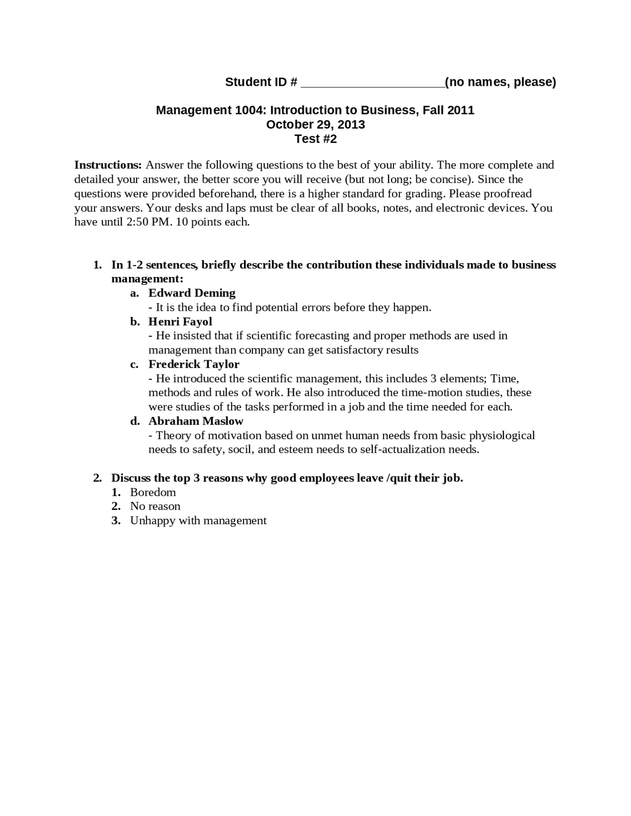 Practice Test 2 on Introduction to Business - Fall 2013 | MGT 1004 ...