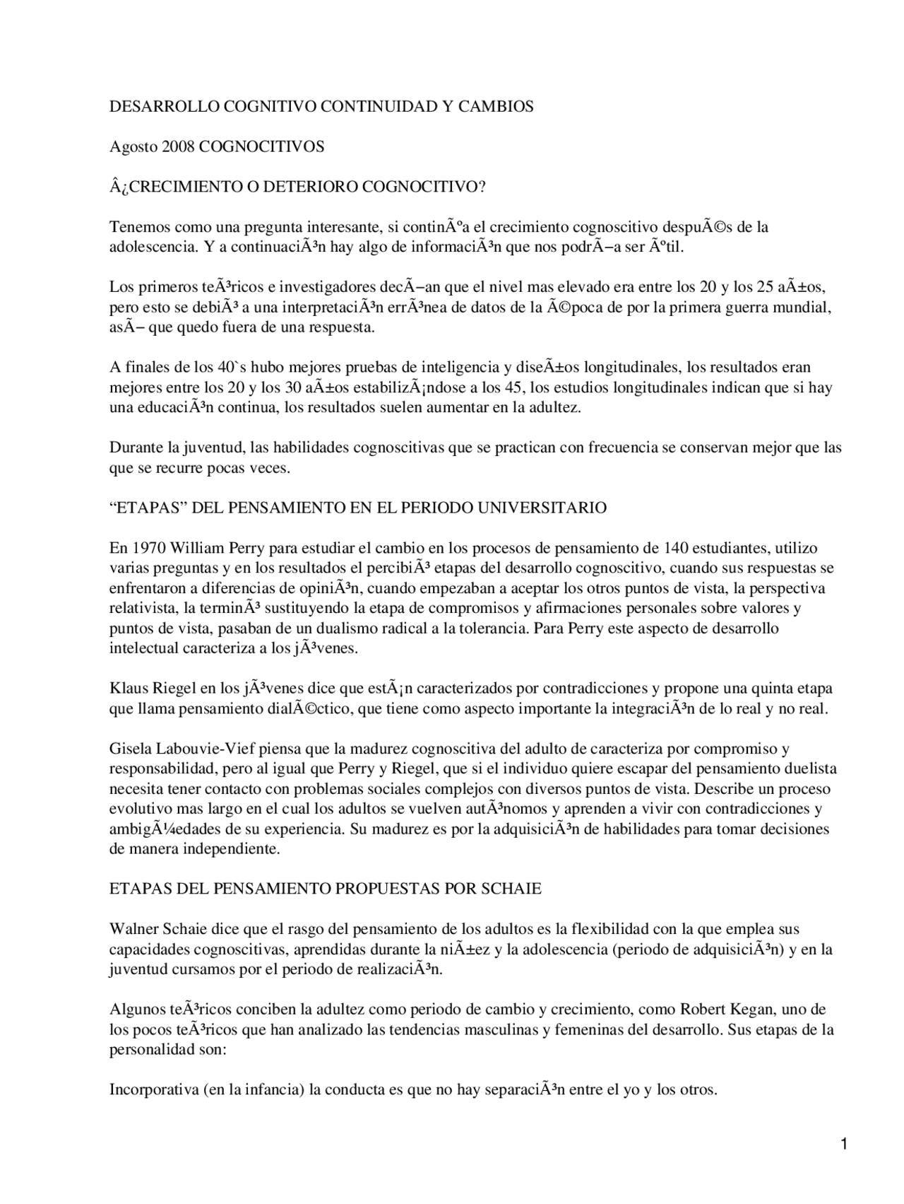 Apuntes Sobre El Desarrollo Cognitivo Docsity