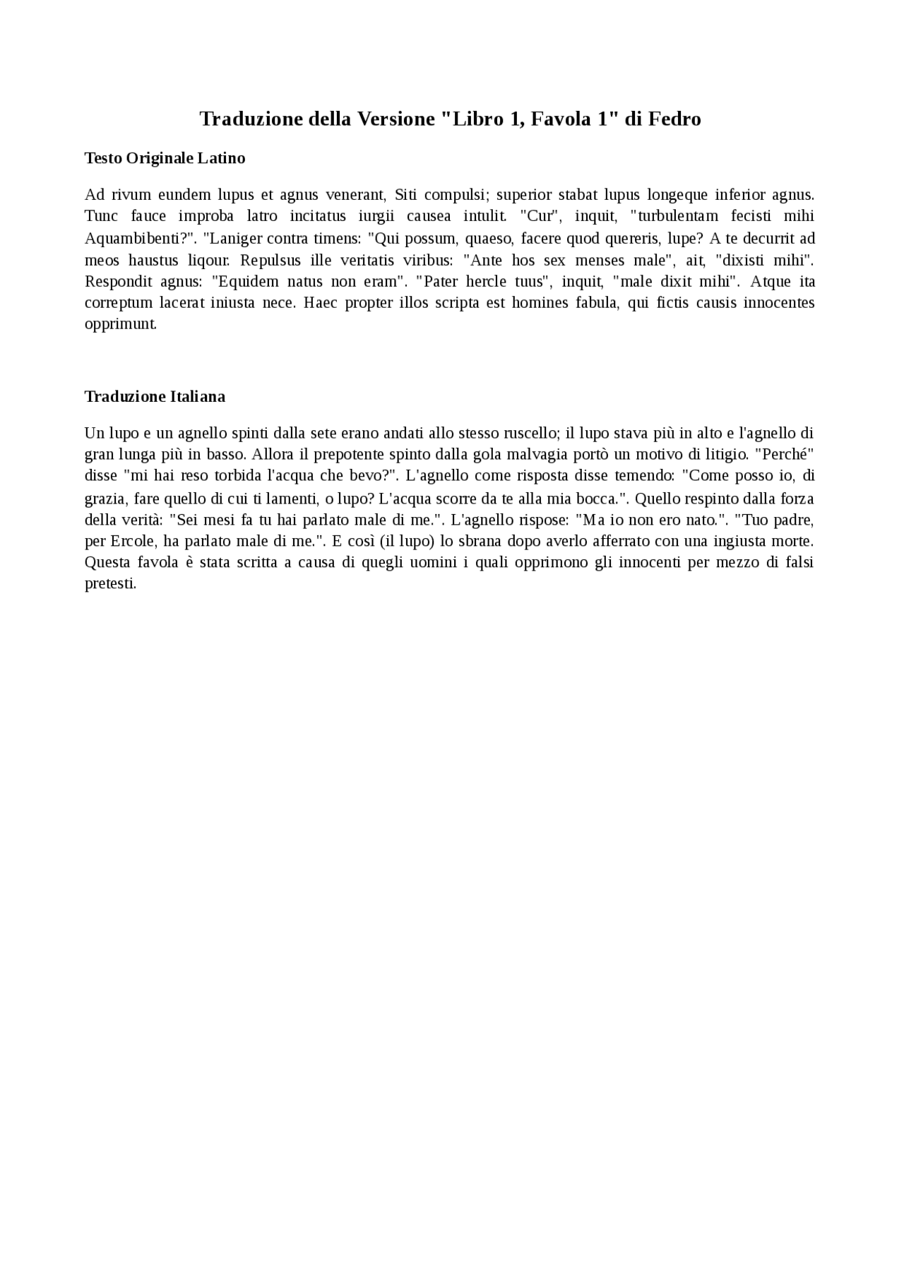 Traduzione Della Versione Libro 1 Favola 1 Di Fedro Docsity