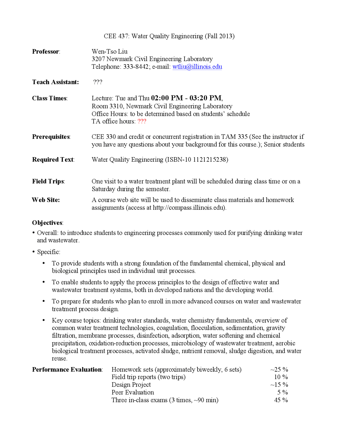 Study Materials - Water Quality Engineering | CEE 437 - Docsity