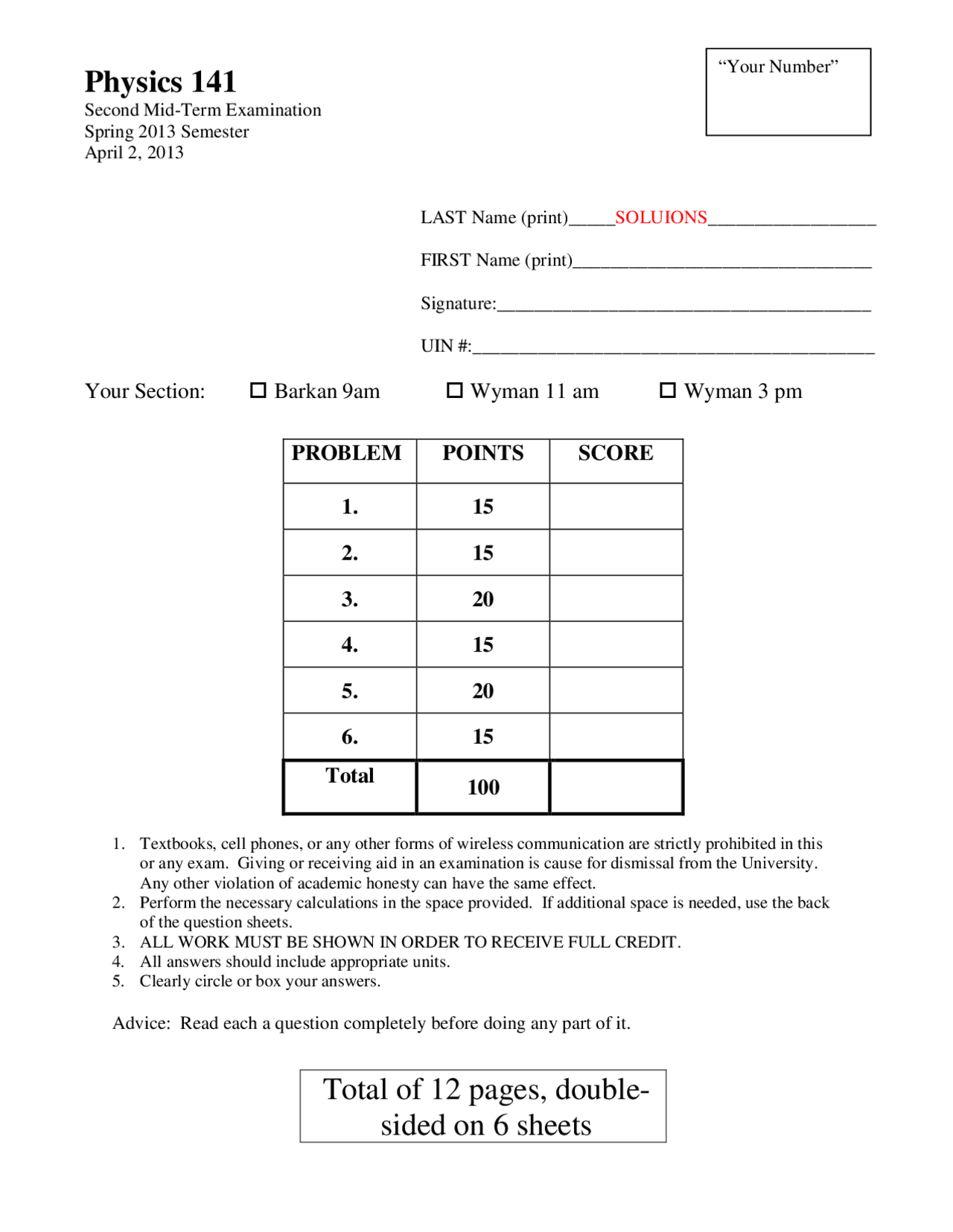 General Physics I - Midterm Exam 2 Solutions | PHYS 141 - Docsity