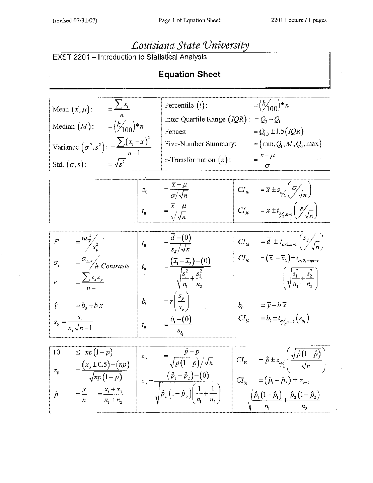 Equation Sheet Statistical Analysis Fall 2011 Exst 2201 Docsity