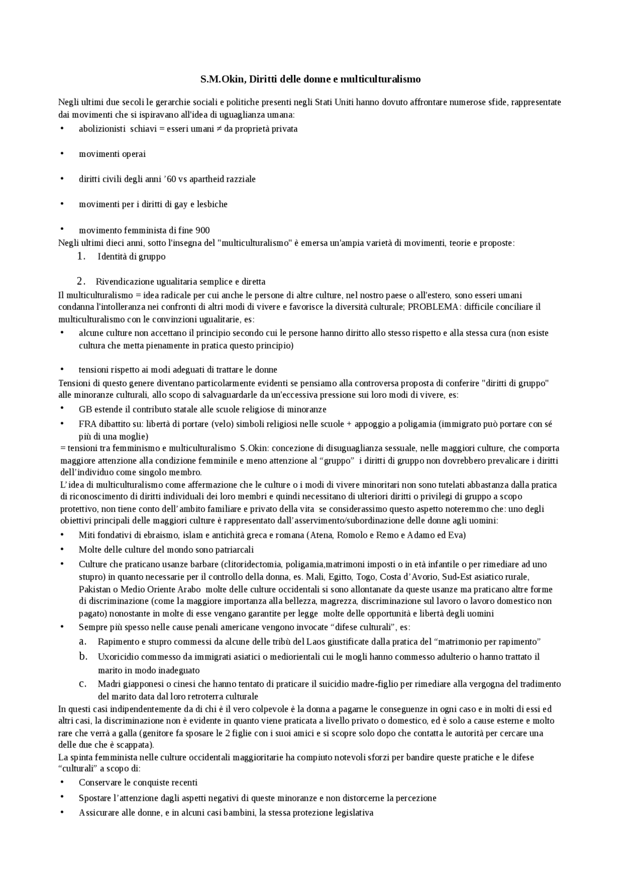 Diritti Delle Donne E Multiculturalismo Docsity