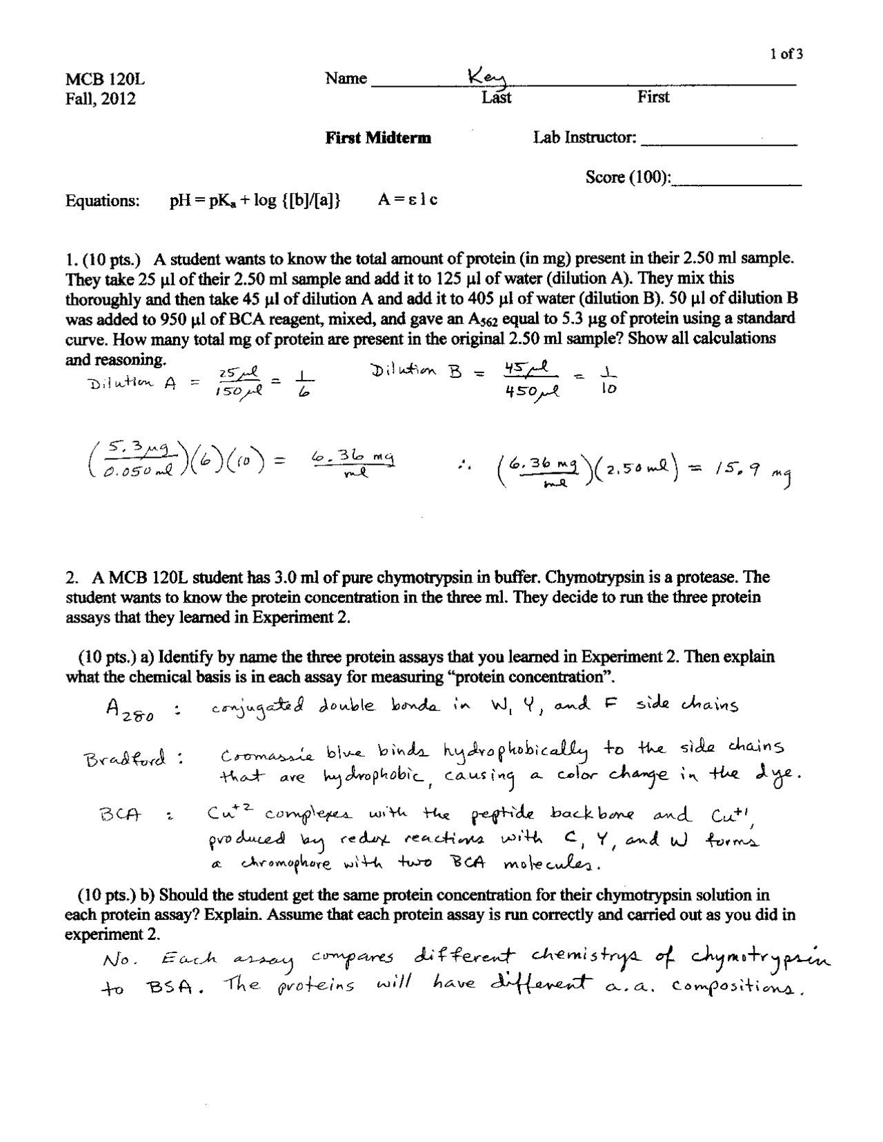 Midterm Exam with Key for Molecular Biology and Biochemistry Lab | MCB ...