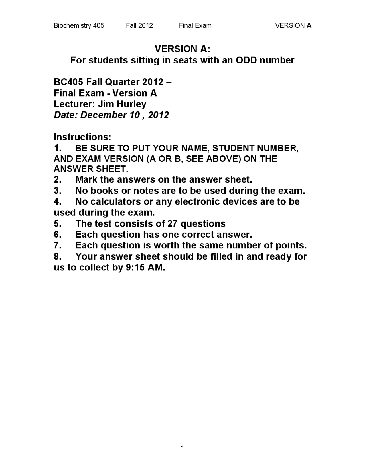 Final Exam Introduction To Biochemistry Bioc 405 Docsity