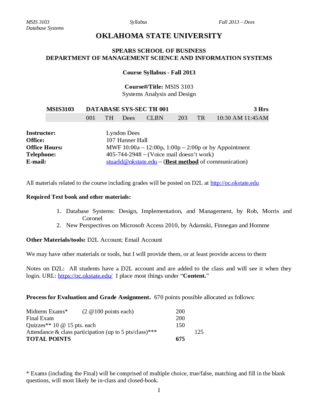 Systems Analysis and Design - Fall 2003 | MSIS 4013 - Docsity